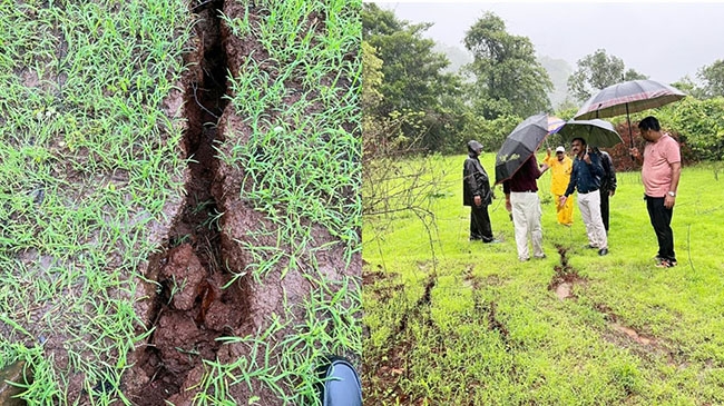 महाड येथील बावळे गावातील जमिनीला पडलेल्या भेगेची भूवैज्ञानिकांकडून ...